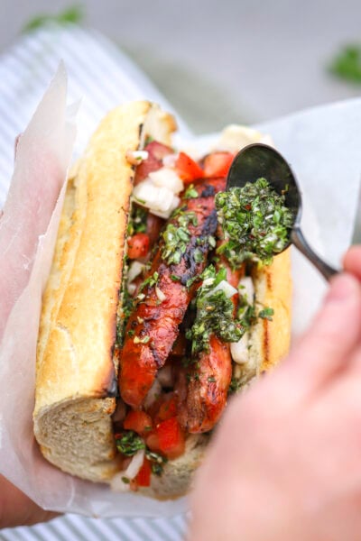 Choripán with Chimichurri & Salsa Criolla (Argentinian Chorizo Sandwich)