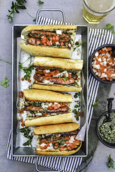 Choripán with Chimichurri & Salsa Criolla (Argentinian Chorizo Sandwich)