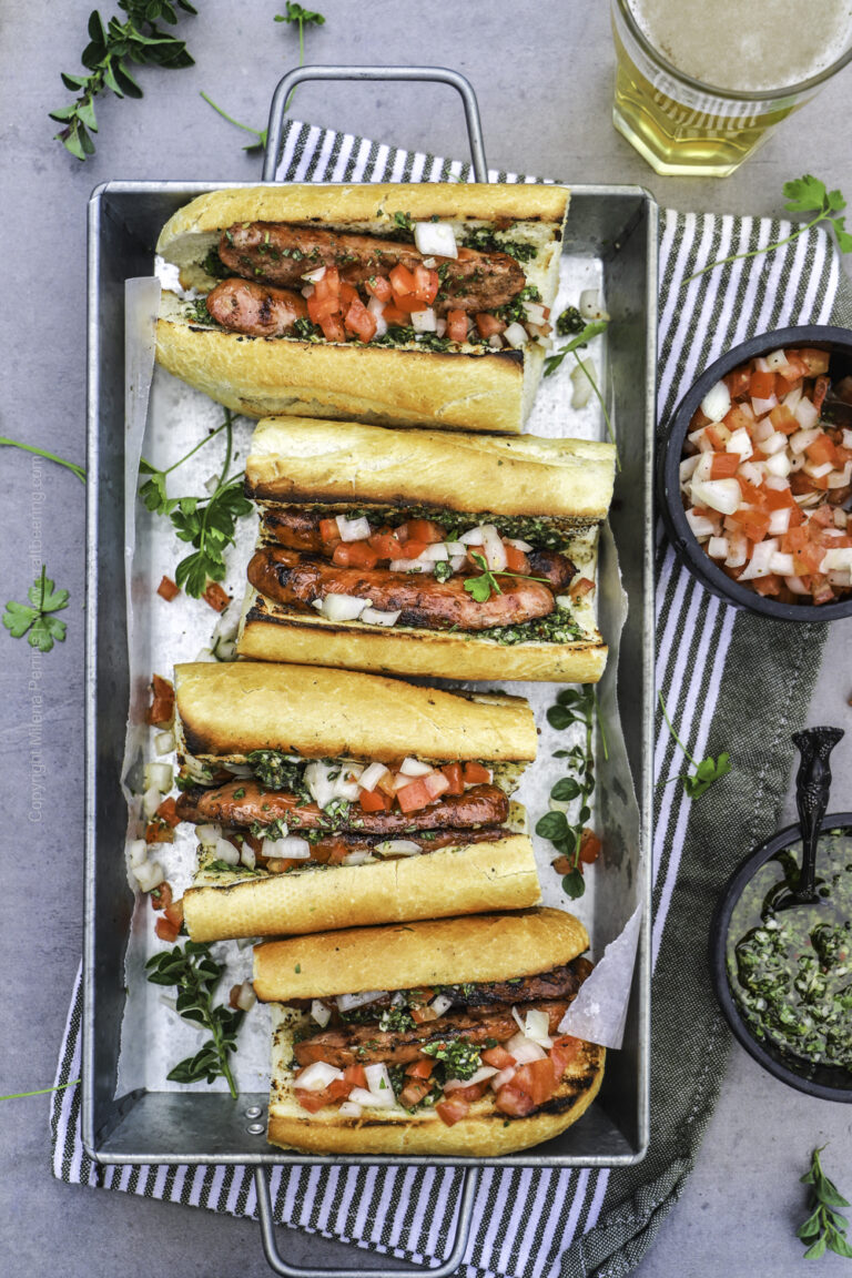 Choripán with Chimichurri & Salsa Criolla (Argentinian Chorizo Sandwich)