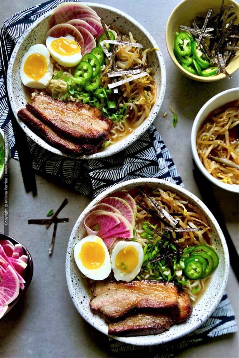 Pork Belly Ramen Bowl with Soft Boiled Egg & Bean Sprouts