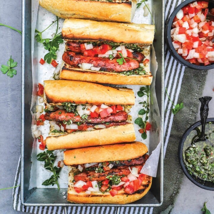 Choripán with Chimichurri & Salsa Criolla (Argentinian Chorizo Sandwich)